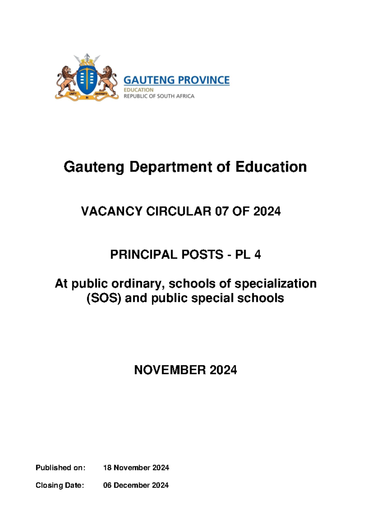 GDE Vacancy Circular 07 of 2024: Principal Posts PL 4 Announcement ...