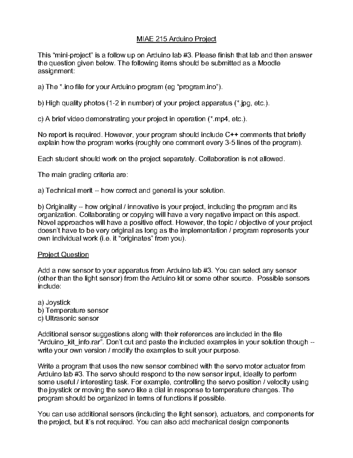 MIAE 215 Final Project: Enhancing Arduino Lab with New Sensor - Studocu