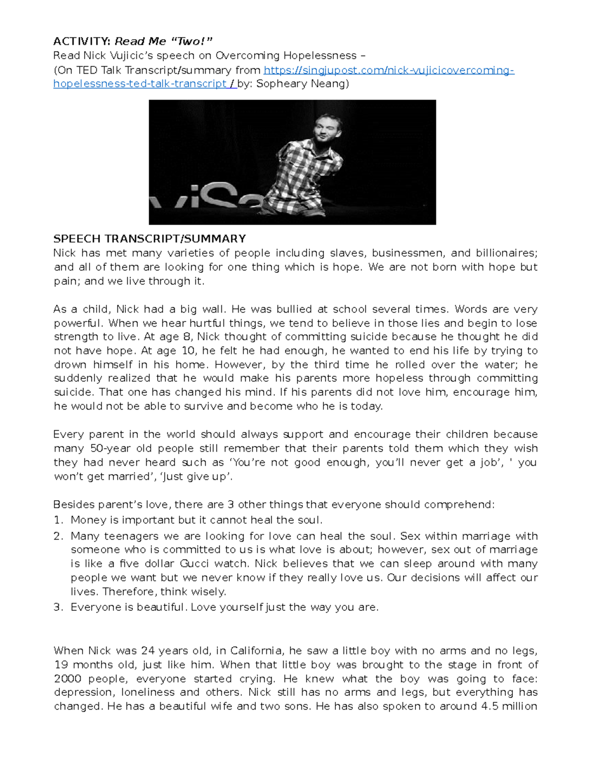 Grade 9 Group Activity: Insights from Nick Vujicic's Speech on Hope ...