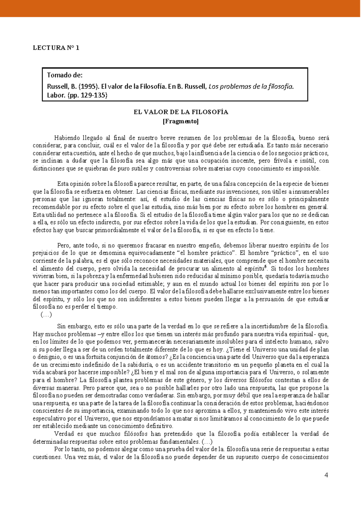 LECTURA 1: El Valor de la Filosofía según B. Russell (FA-2026-1) - Studocu