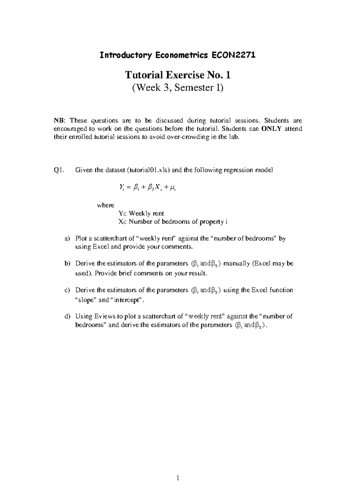 Answer Guide for Introductory Econometrics ECON2271 Tutorials #1-3 ...
