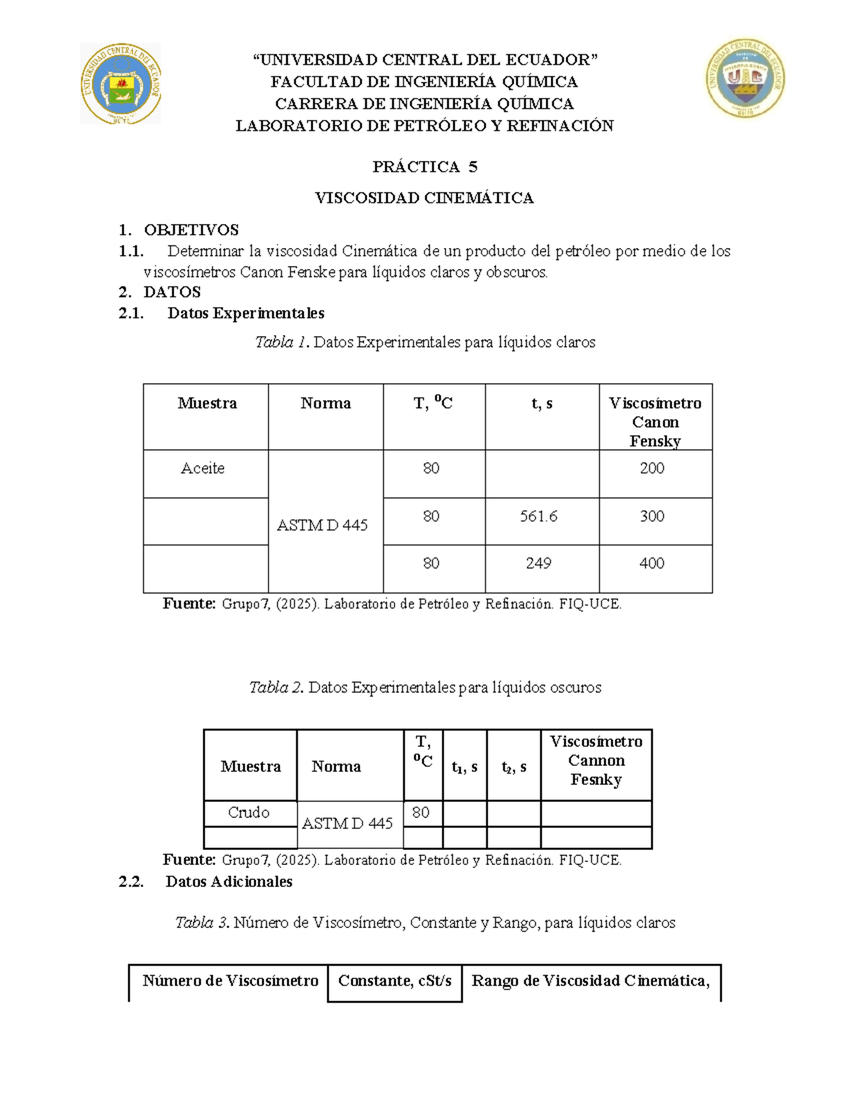 Práctica N°5: Determinación de Viscosidad Cinemática - FIQ-UCE - Studocu