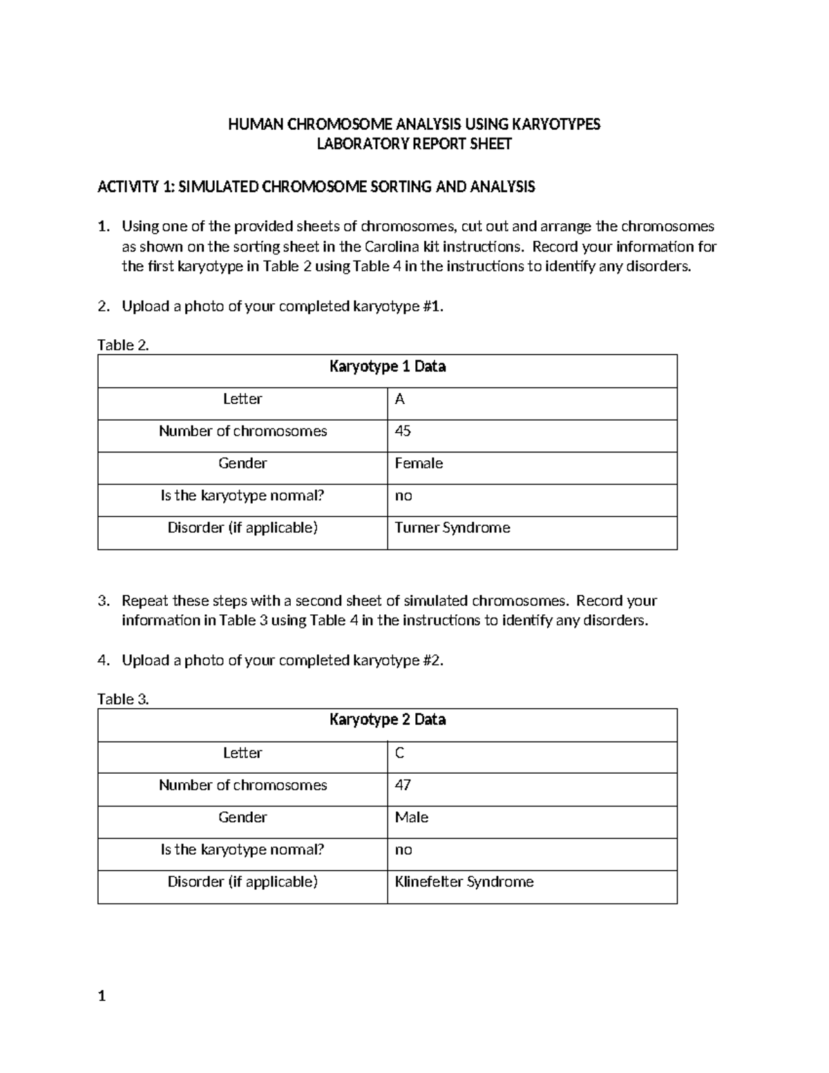 Human Chromosome Analysis Report Sheet: Karyotype Lab Findings - Studocu