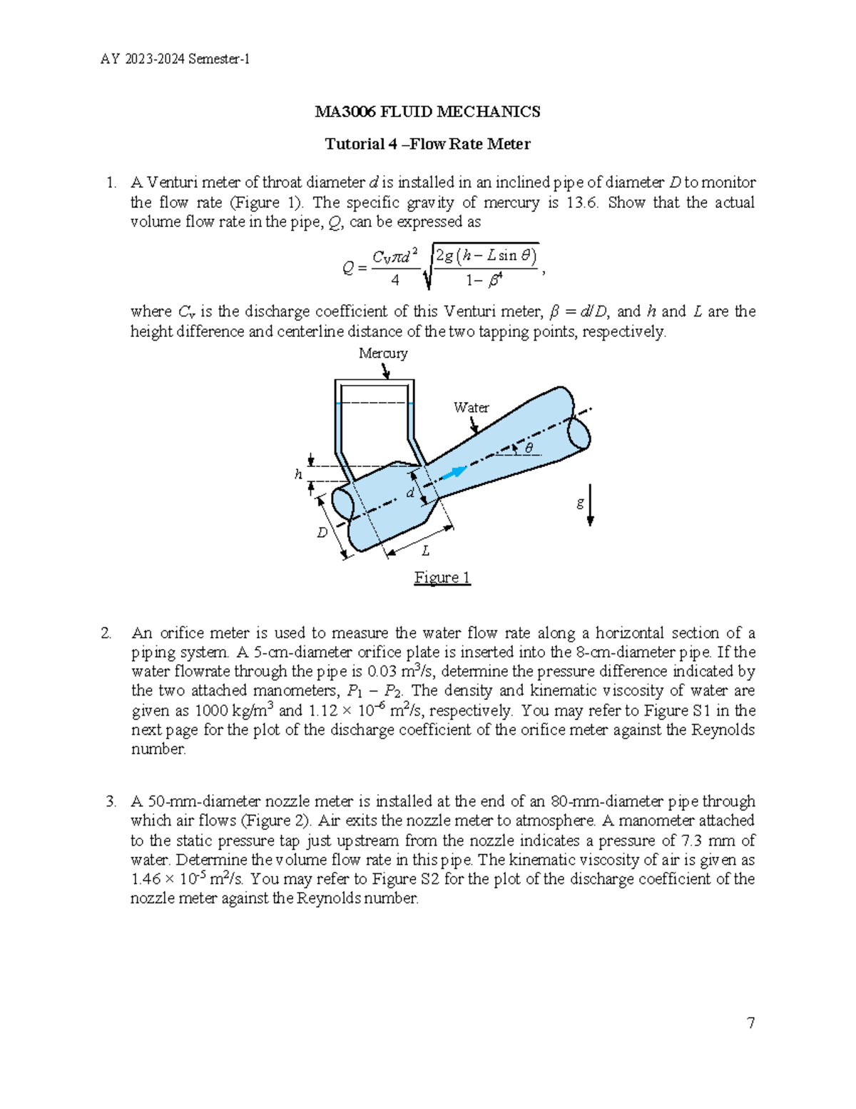 MA3006 FLUID MECHANICS Tutorial Notes 1-6: Flow Measurement ...