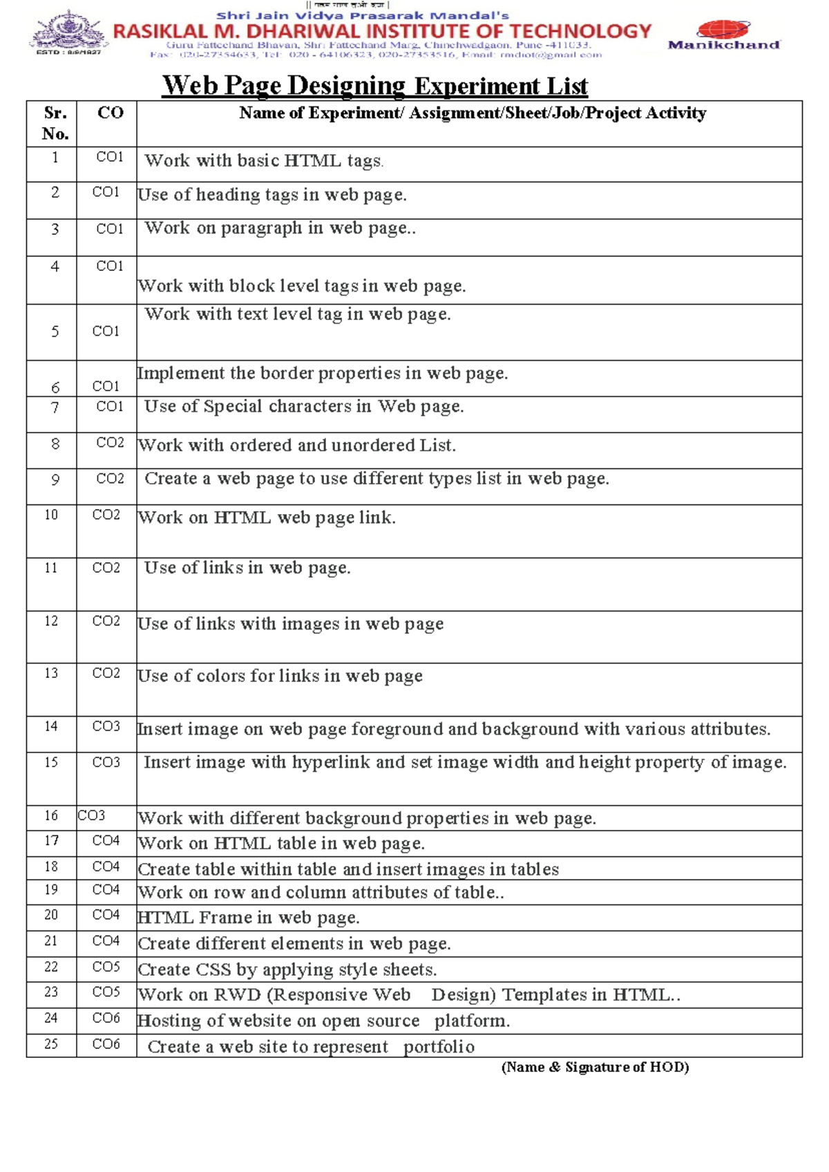WPD 101: Web Page Designing Experiment List - Enhance Your Skills - Studocu