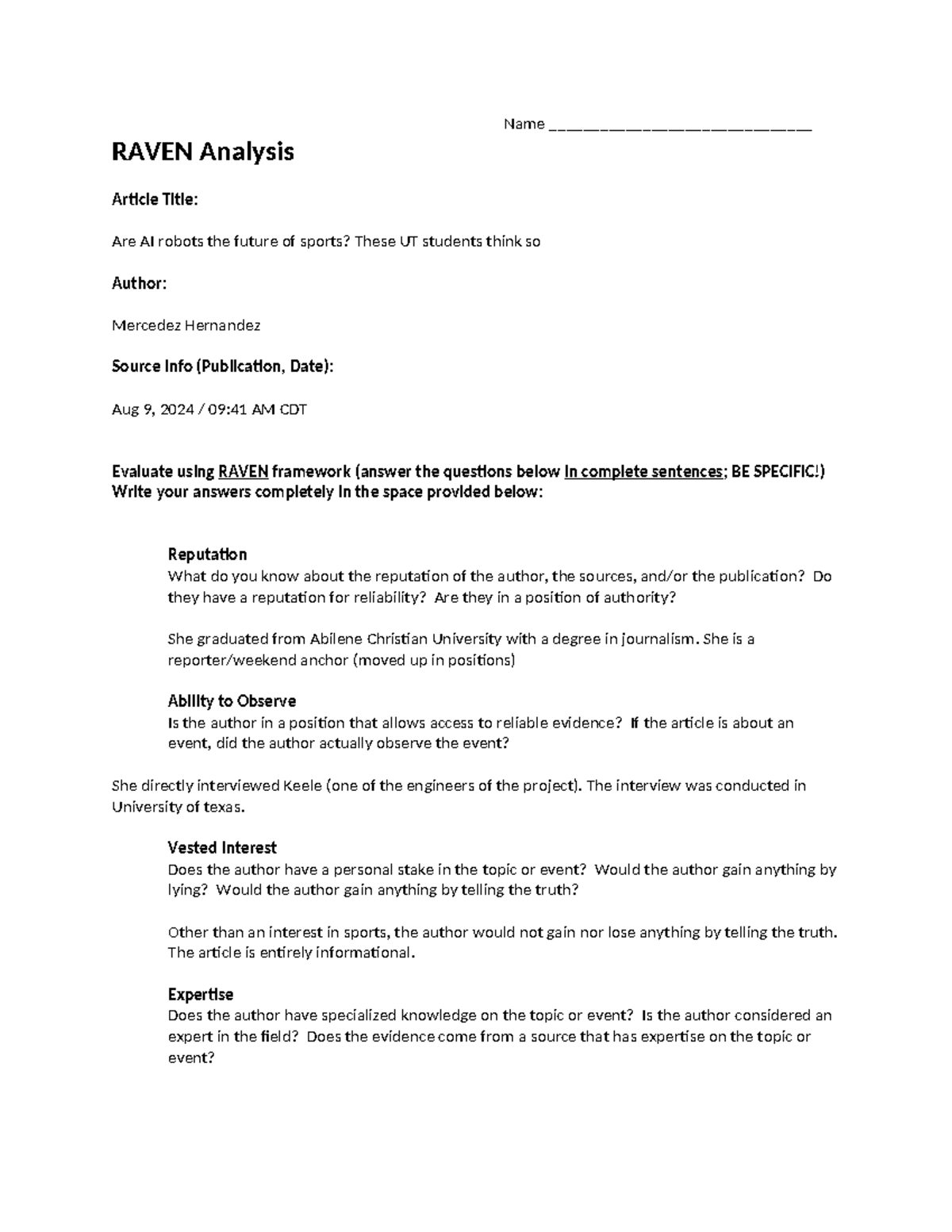 RAVEN Analysis Worksheet: Evaluating AI in Sports - UT Course - Studocu