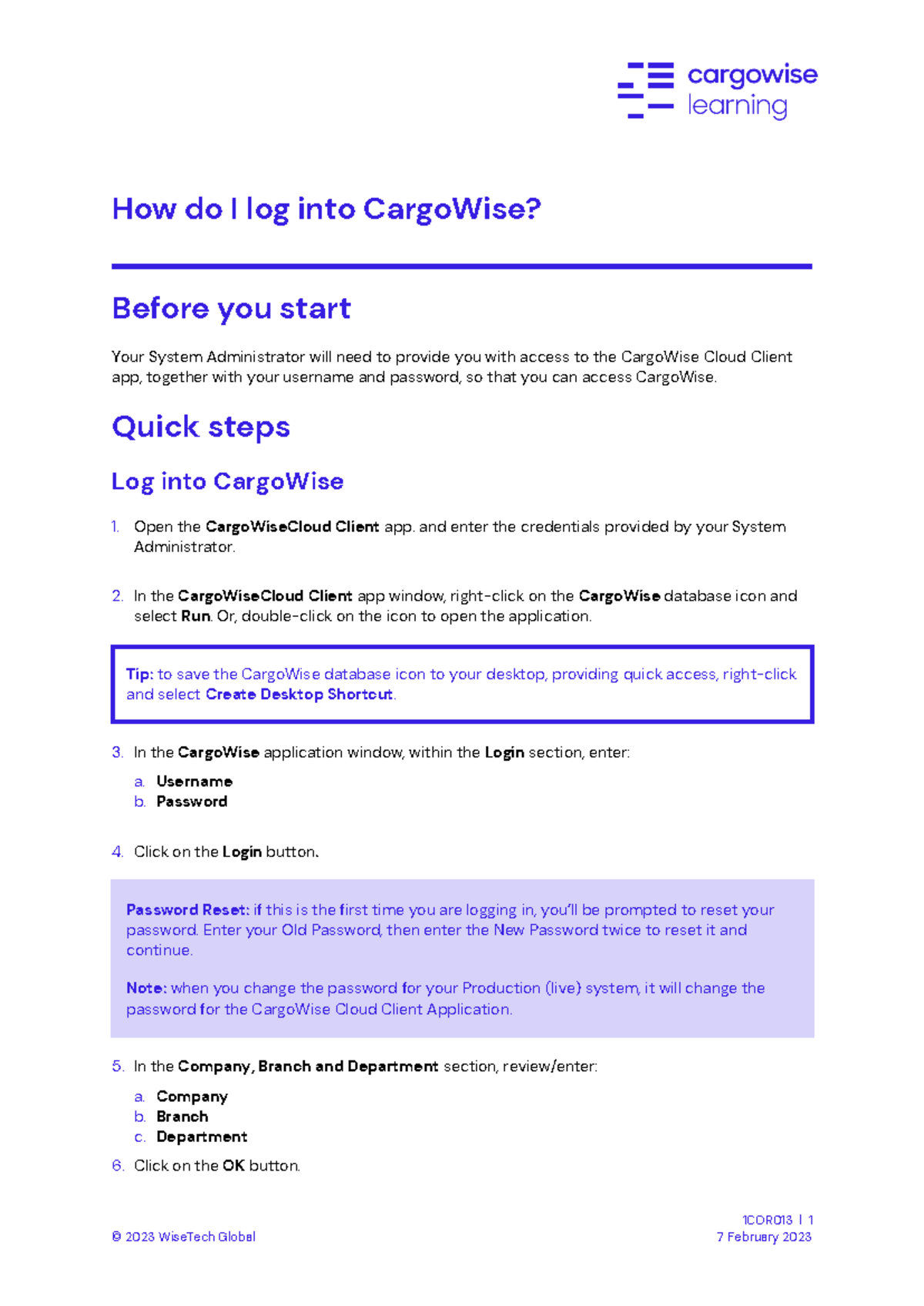 CargoWise Login Guide: Accessing the Cloud Client App (1COR013) - Studocu
