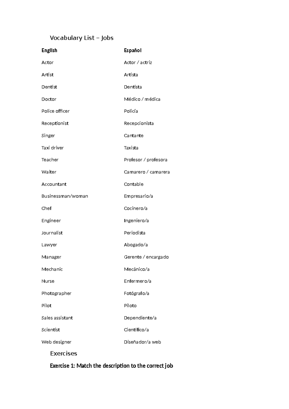 📚 Vocabulary List – Jobs and Professions in English & Español - Studocu