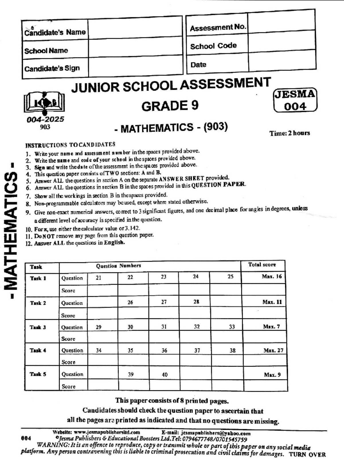 Junior School Assessment 004 Grade 9 Mathematics & English Papers - Studocu