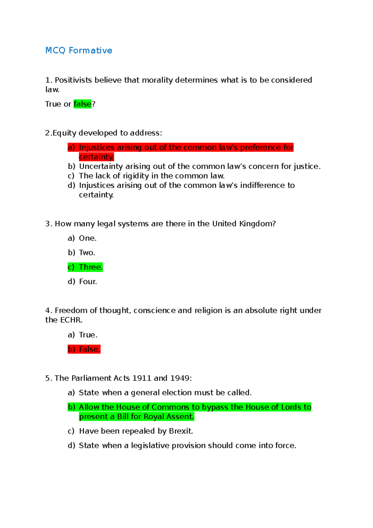 Formative MCQ for Law 101: Key Concepts & Principles - Studocu