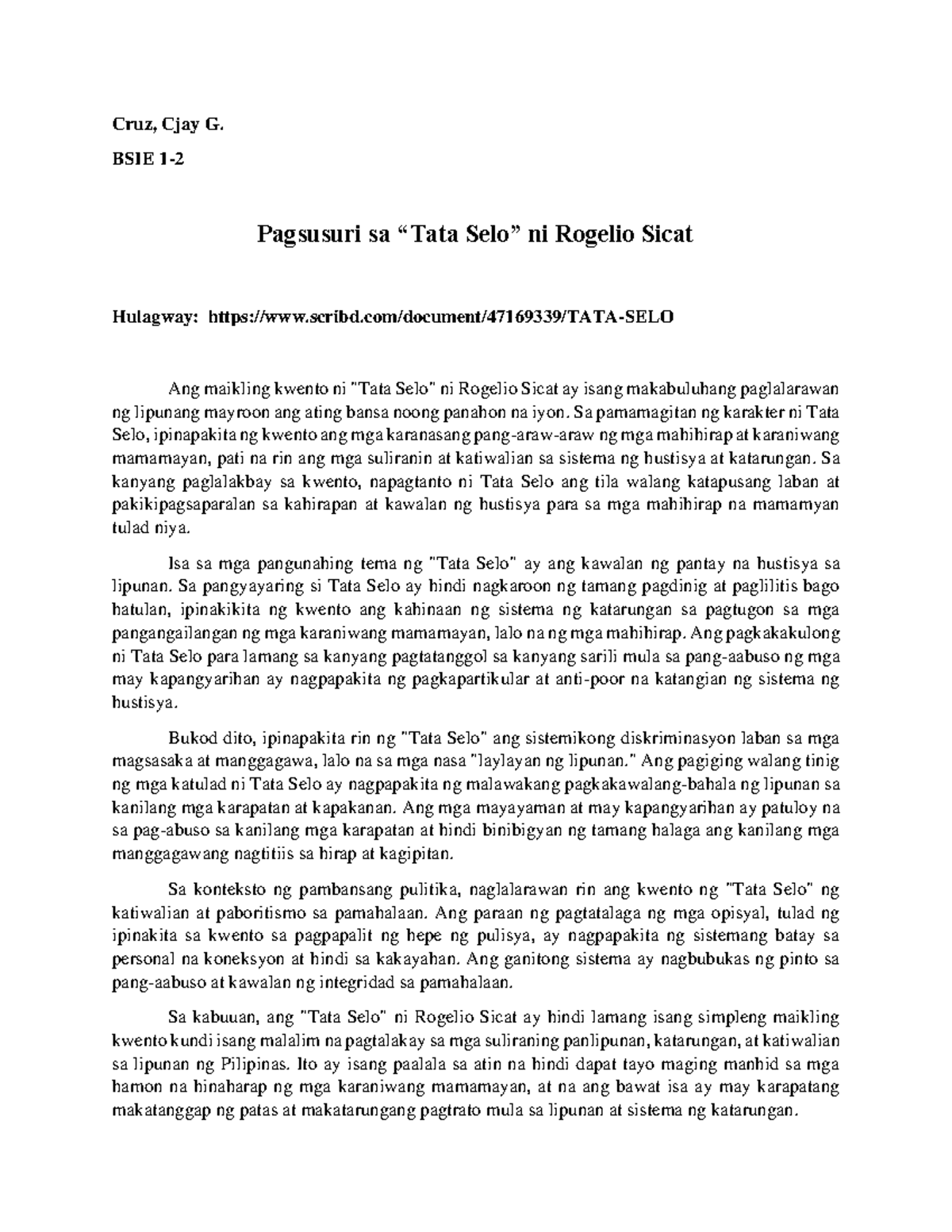 Pagsusuri sa "Tata Selo" ni Rogelio Sicat - BSIE 1-2 - Studocu