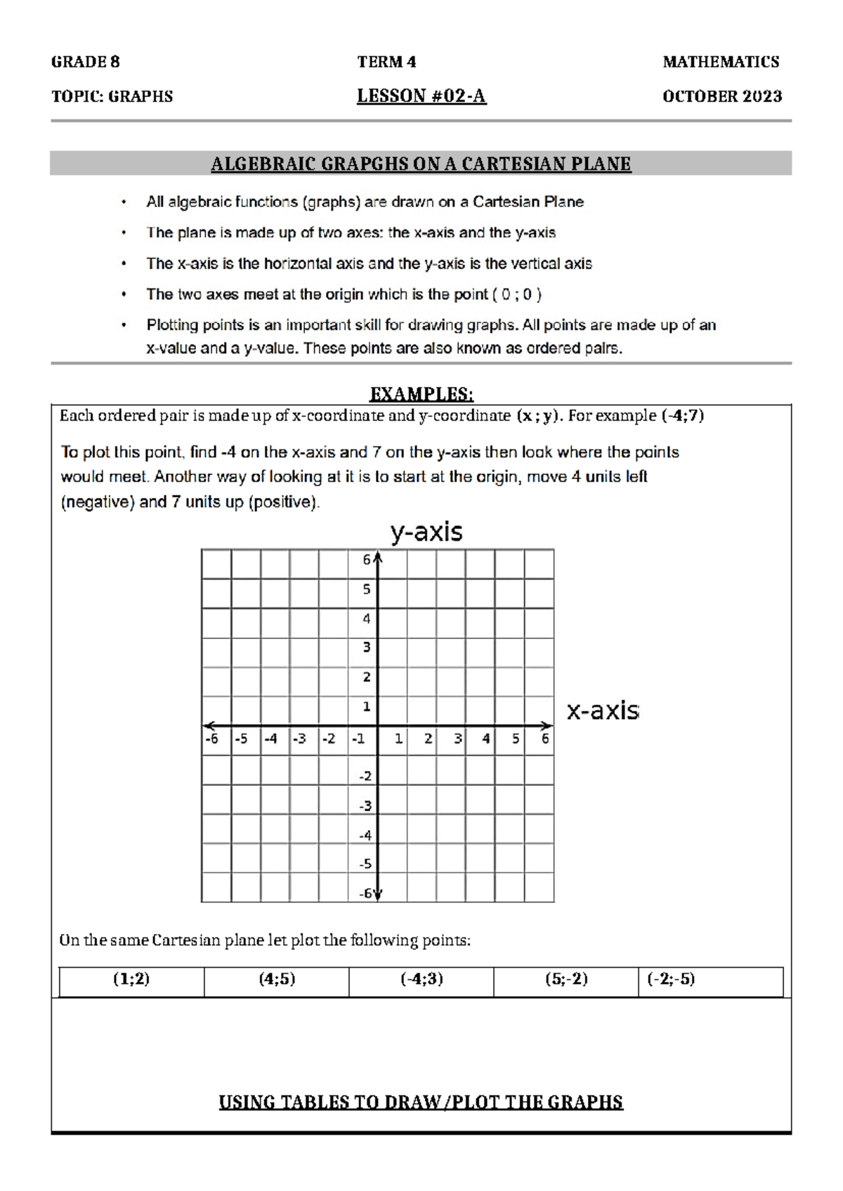 Grade 8 Math: Graphs Lesson 2-A - Learner Notes & Worksheets - Studocu