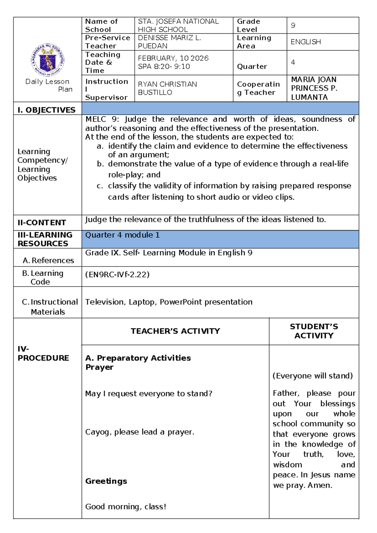Daily Lesson Plan for Grade 9 English: Evaluating Evidence - Studocu