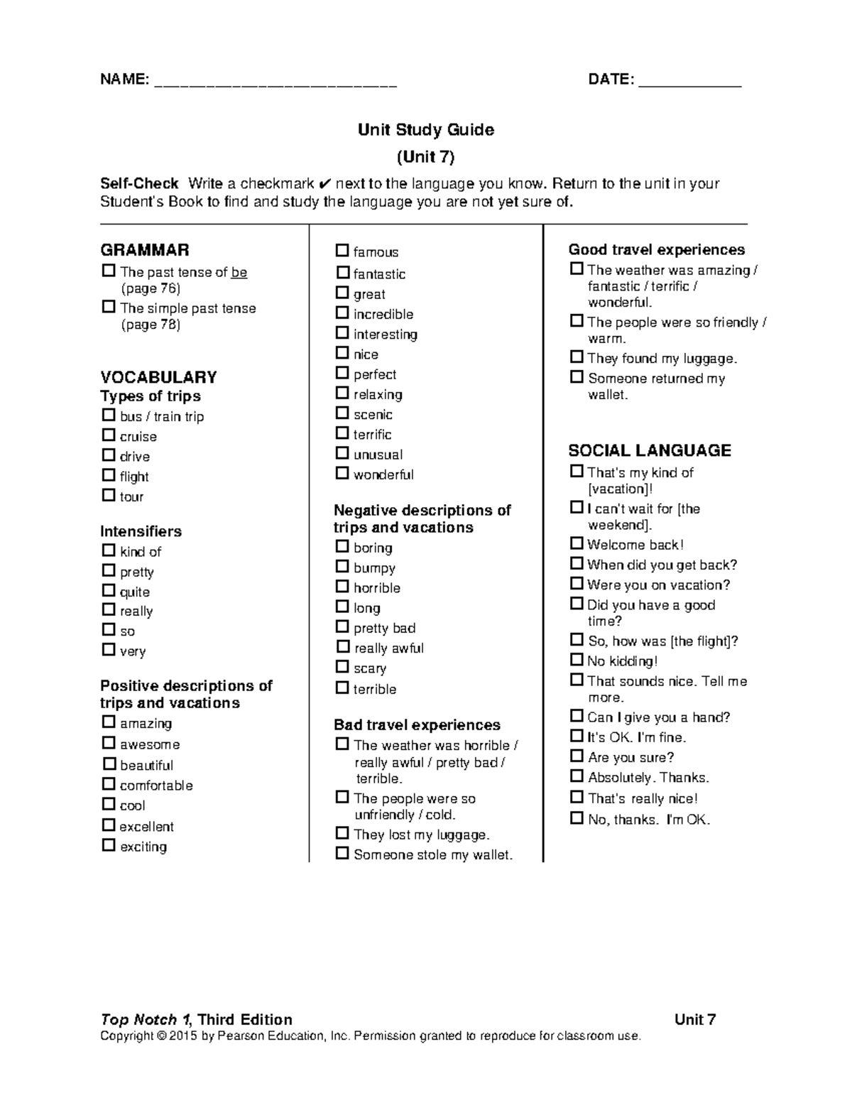 Unit 07 Study Guide: Grammar & Vocabulary for Travel Experiences - Studocu