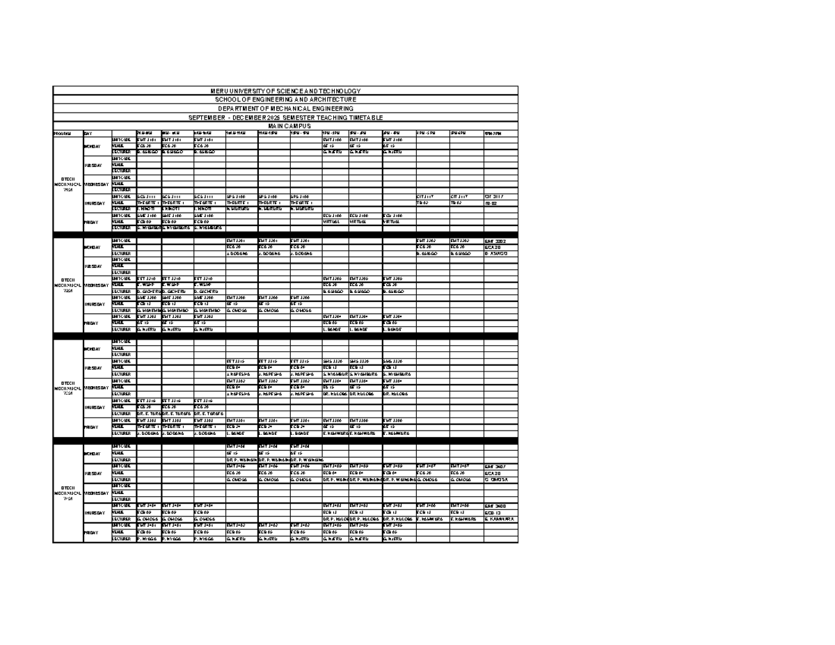 BTECH MECHANICAL & CIVIL ENGINEERING TIMETABLE - SEPT 2025 - Studocu