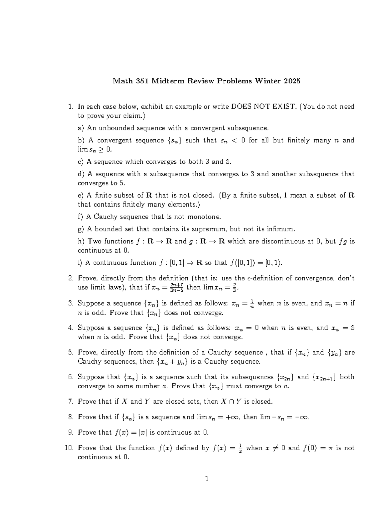Math 351 Midterm Review Problems - Winter 2025 - Studocu