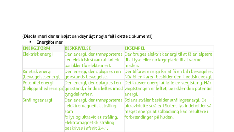 Noter til fysik C: Energiformer og Energiomsætninger - Studocu