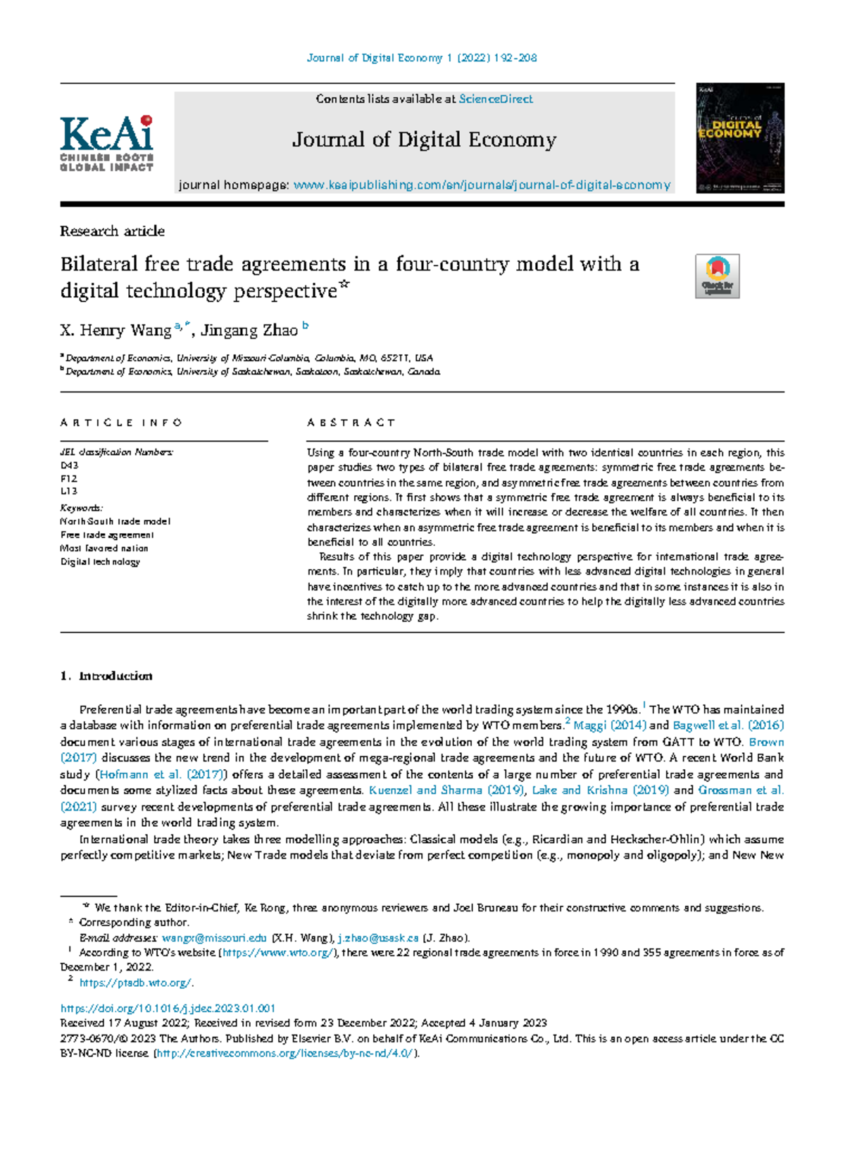Bilateral Free Trade Agreements in the Digital Economy: A Trade Model ...