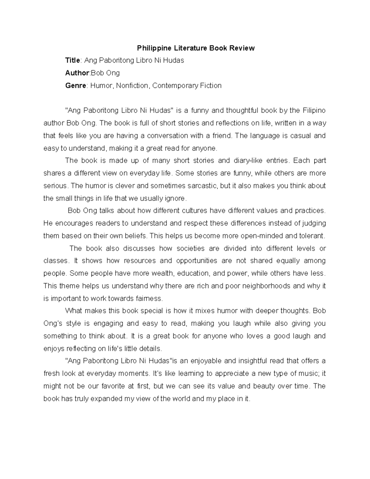 Philippine Literature Book Review: Ang Paboritong Libro Ni Hudas - Studocu
