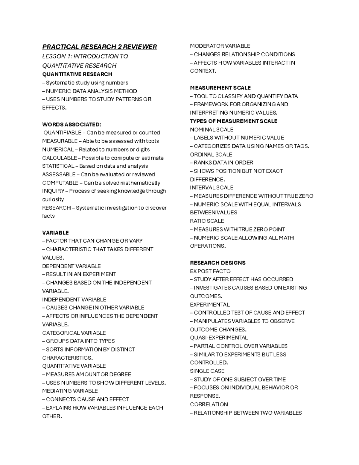 PR2 - Practical Research 2 Reviewer: Intro to Quantitative Research - Studocu