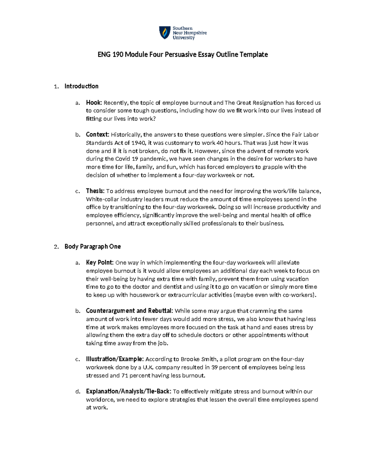 ENG 190 Persuasive Essay Outline: The Four-Day Workweek Benefits - Studocu
