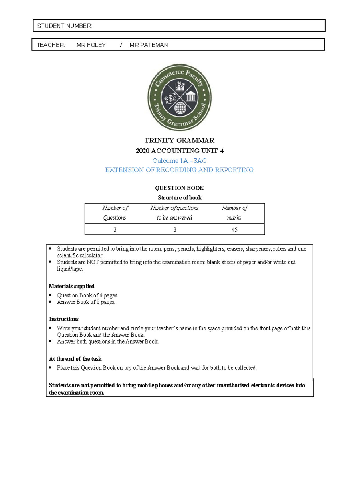 2020 - TGS Accounting Unit 4 SAC 1A Question Book - Studocu
