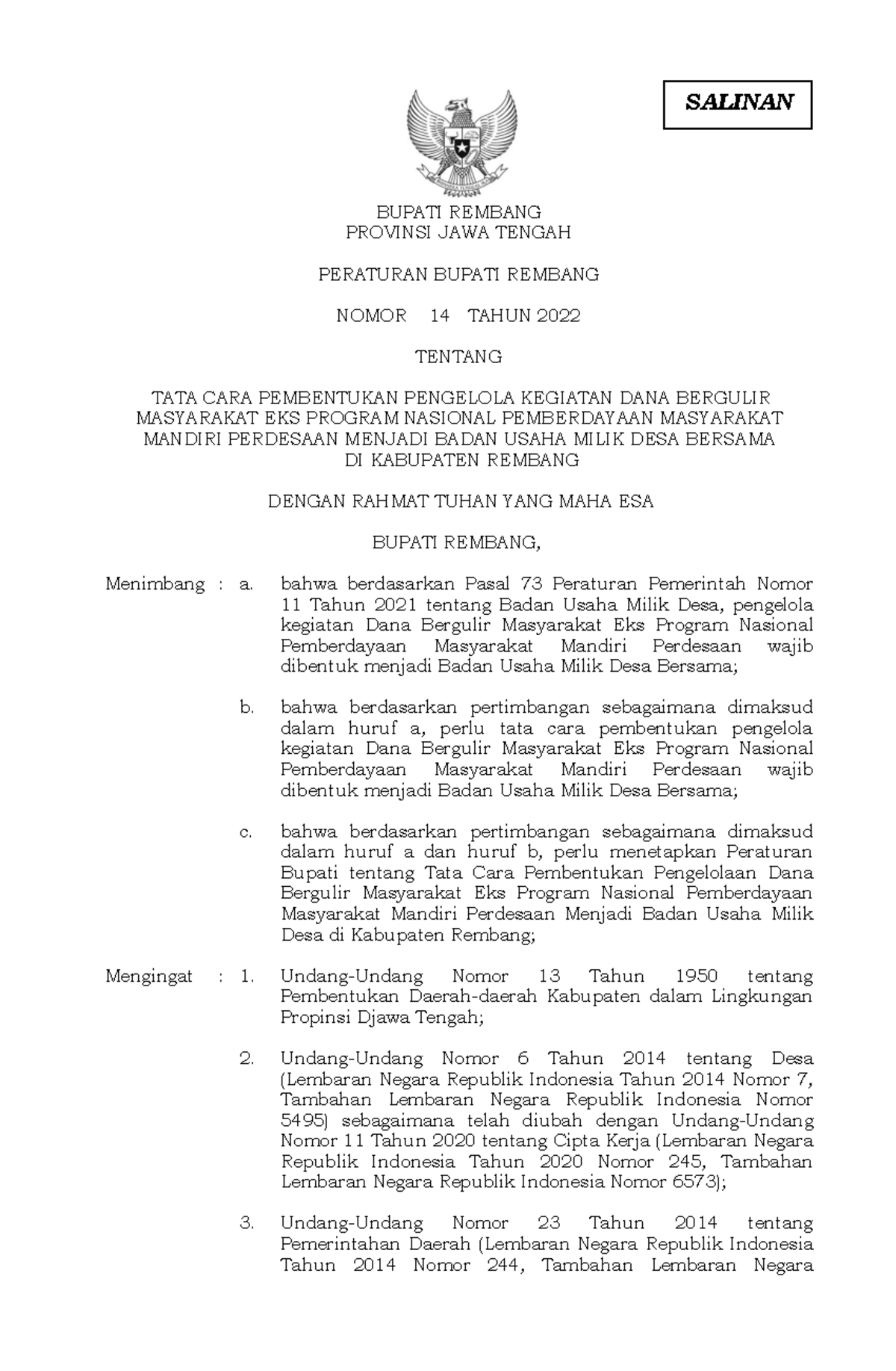 Perbup 14 2022 DBM EKS PNPM-MPD - BUPATI REMBANG PROVINSI JAWA TENGAH ...