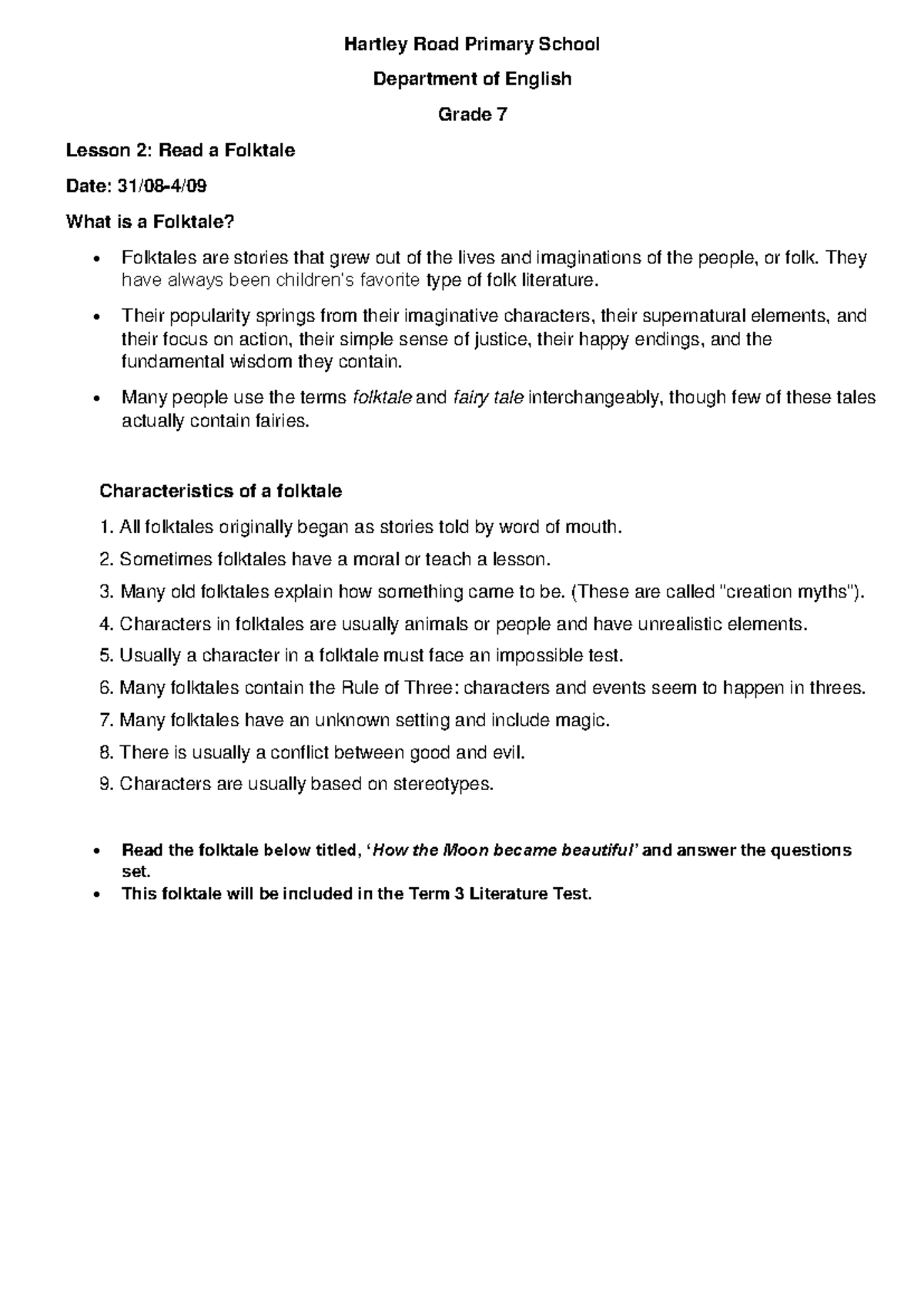 Grade 7 English Lesson 2: Reading a Folktale - How the Moon Became ...