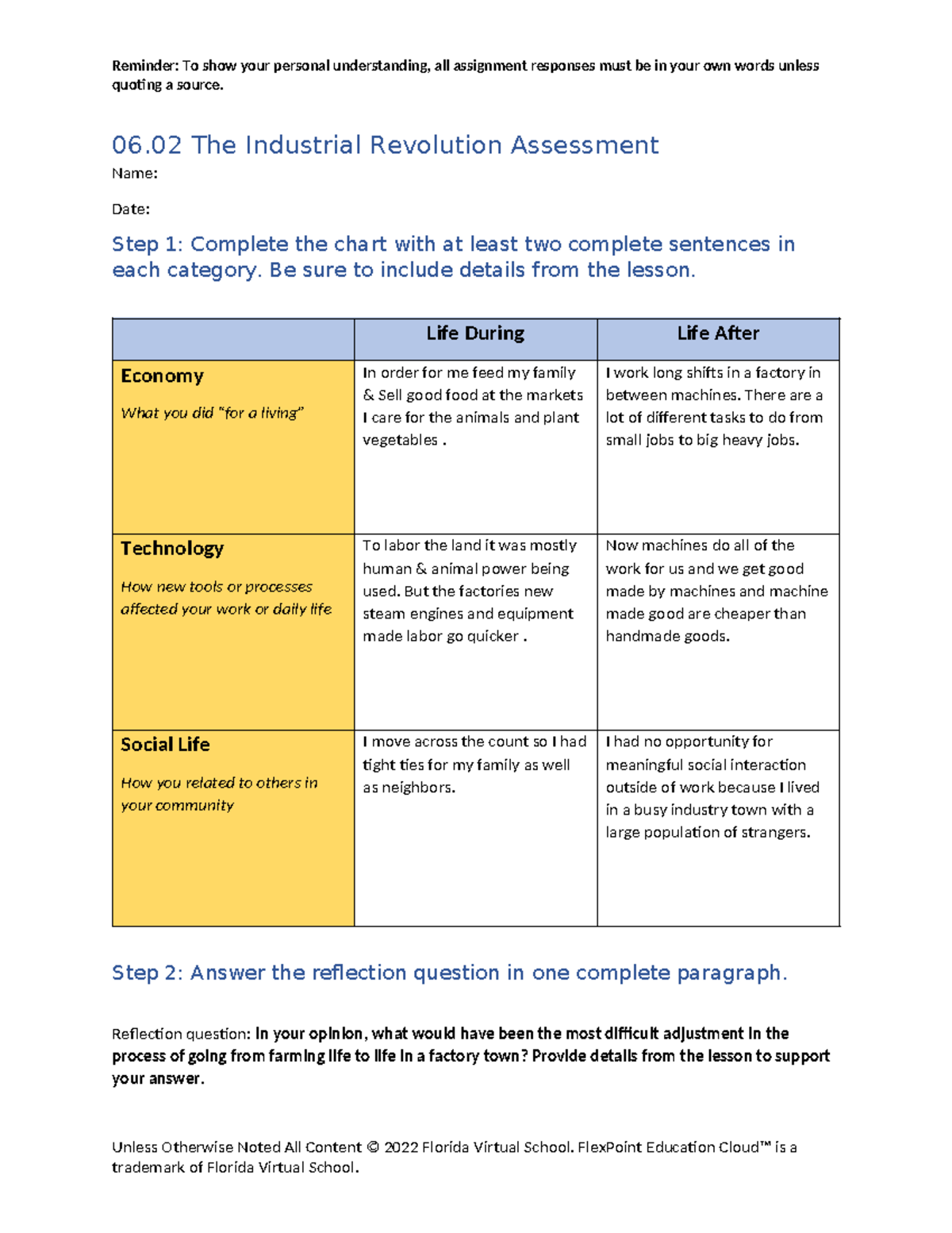 Industrial Revolution Assessment (Unit 06.02) - Personal Reflection ...