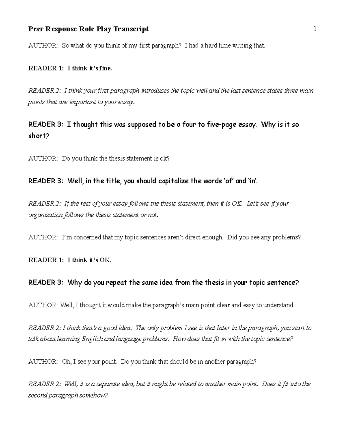 Peer response role play transcript - Peer Response Role Play Transcript ...