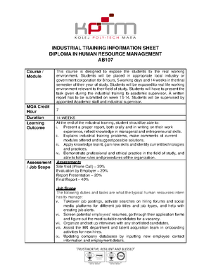 Sample report - INDUSTRIAL TRAINING REPORT Prepared by Sarina binti Abu ...