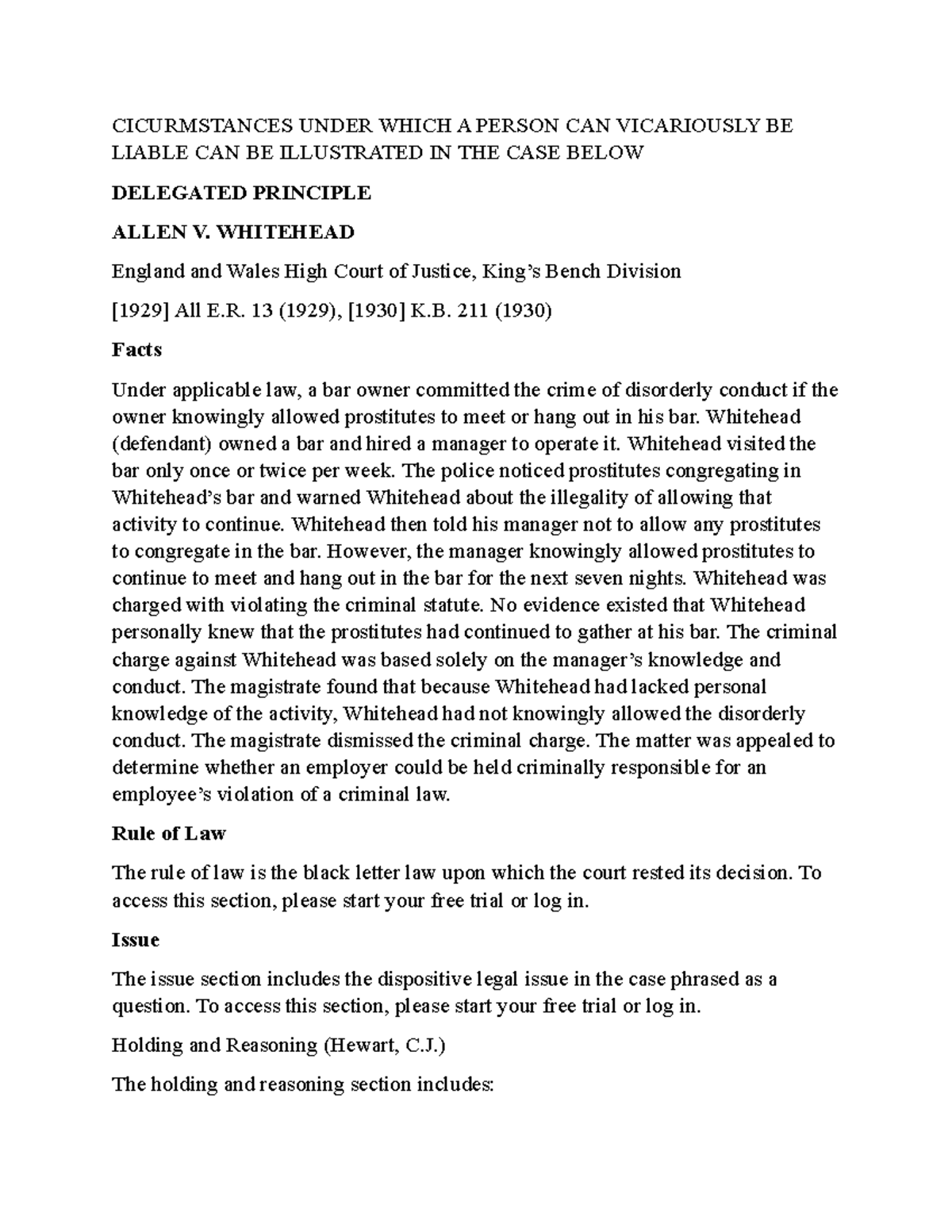 Allen v Whitehead Case Study on Vicarious Liability Principles - Studocu