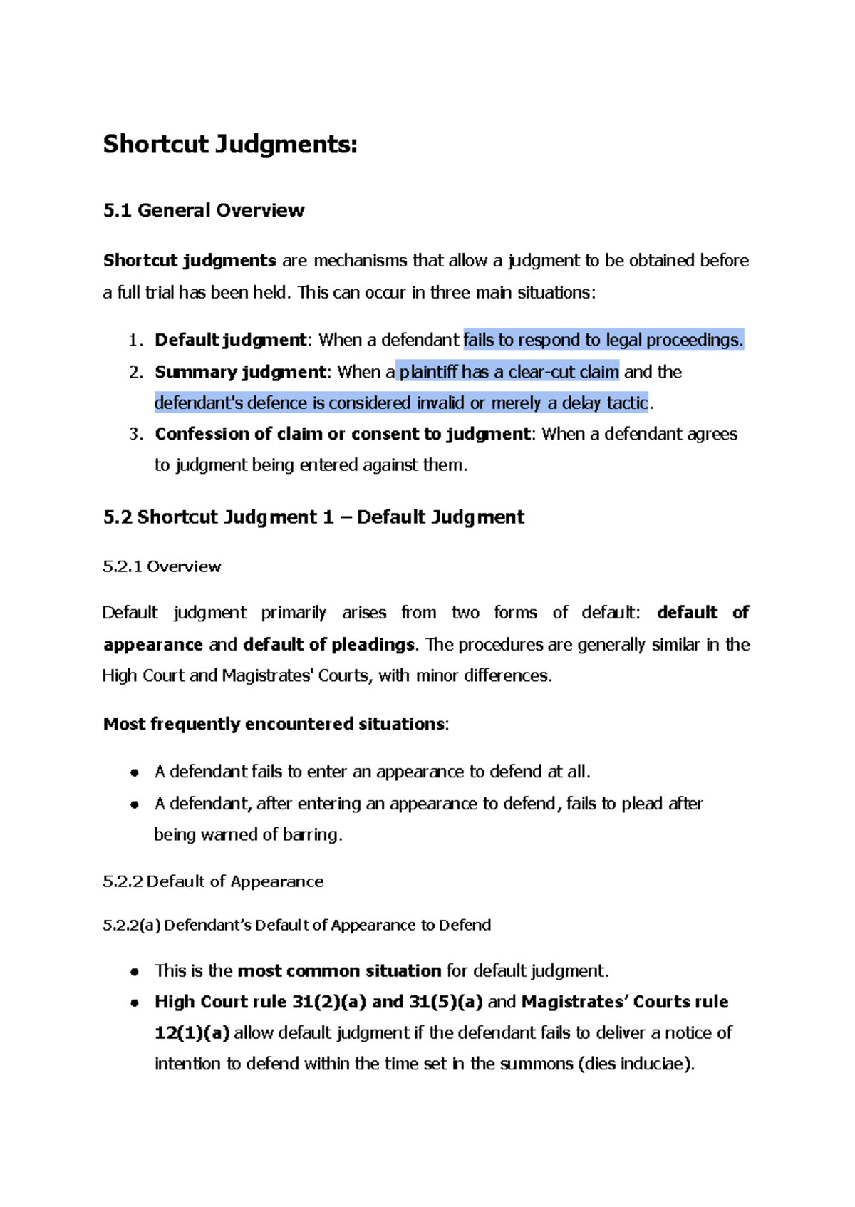 Shortcut Judgments: Study Notes Overview and Key Procedures - Studocu