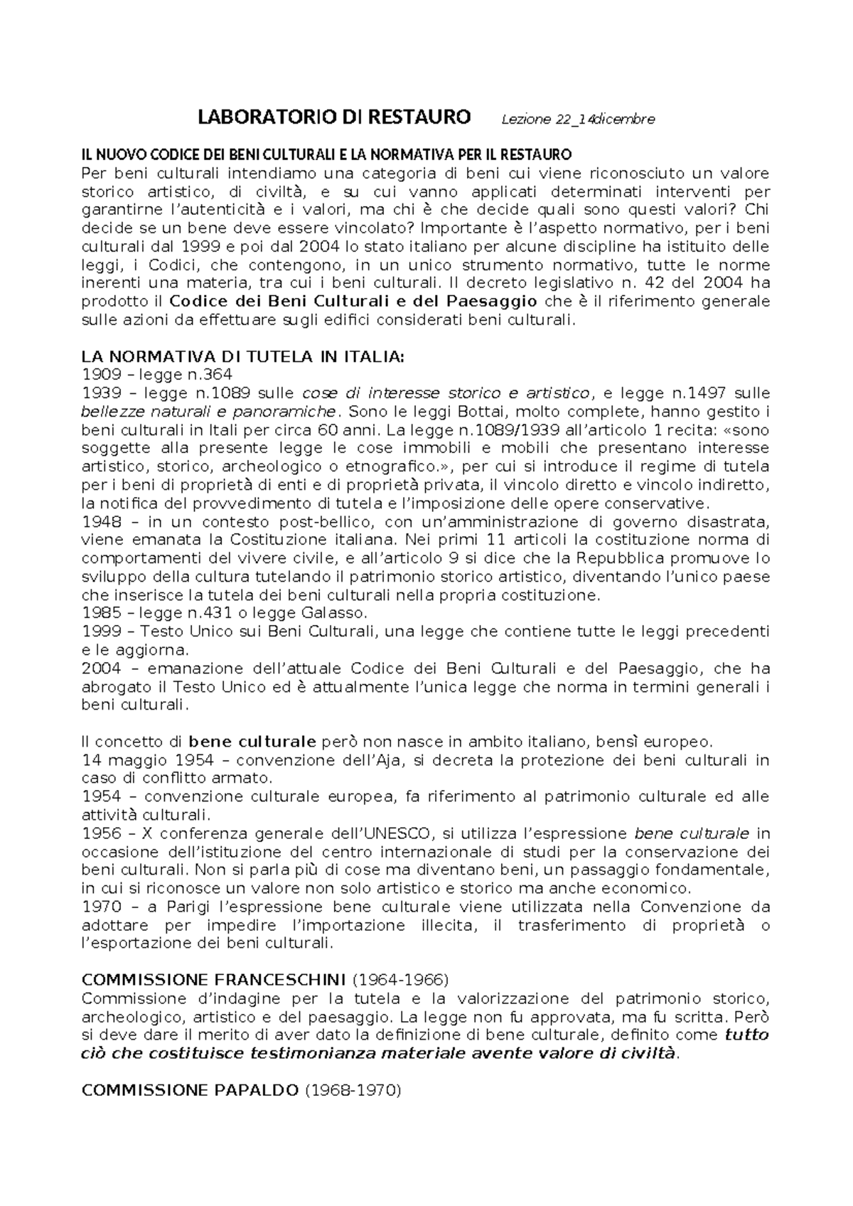 LABORATORIO DI RESTAURO Lezione 22 - Codice dei Beni Culturali - Studocu