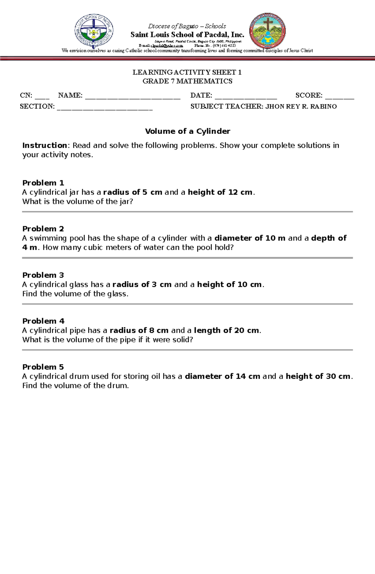 Grade 7 Math Learning Activity Sheet 1: Volume of a Cylinder - Studocu