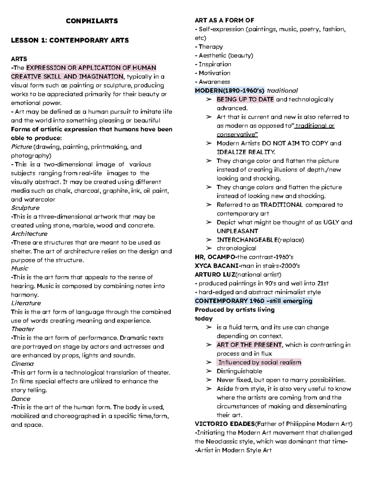 Conphilarts - Lesson 1: Overview of Contemporary Arts - Studocu