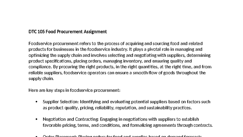 DTC 105 Food Procurement Assignment: Key Steps & Strategies - Studocu