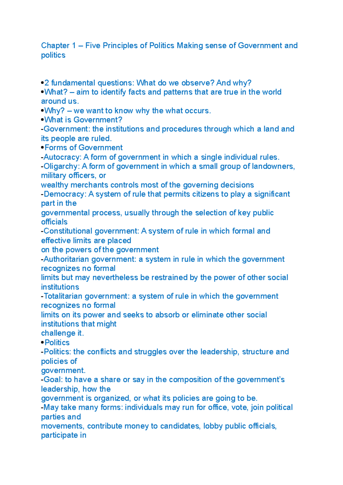 Chapter 1 - Summary of Five Principles of Politics in American Gov ...