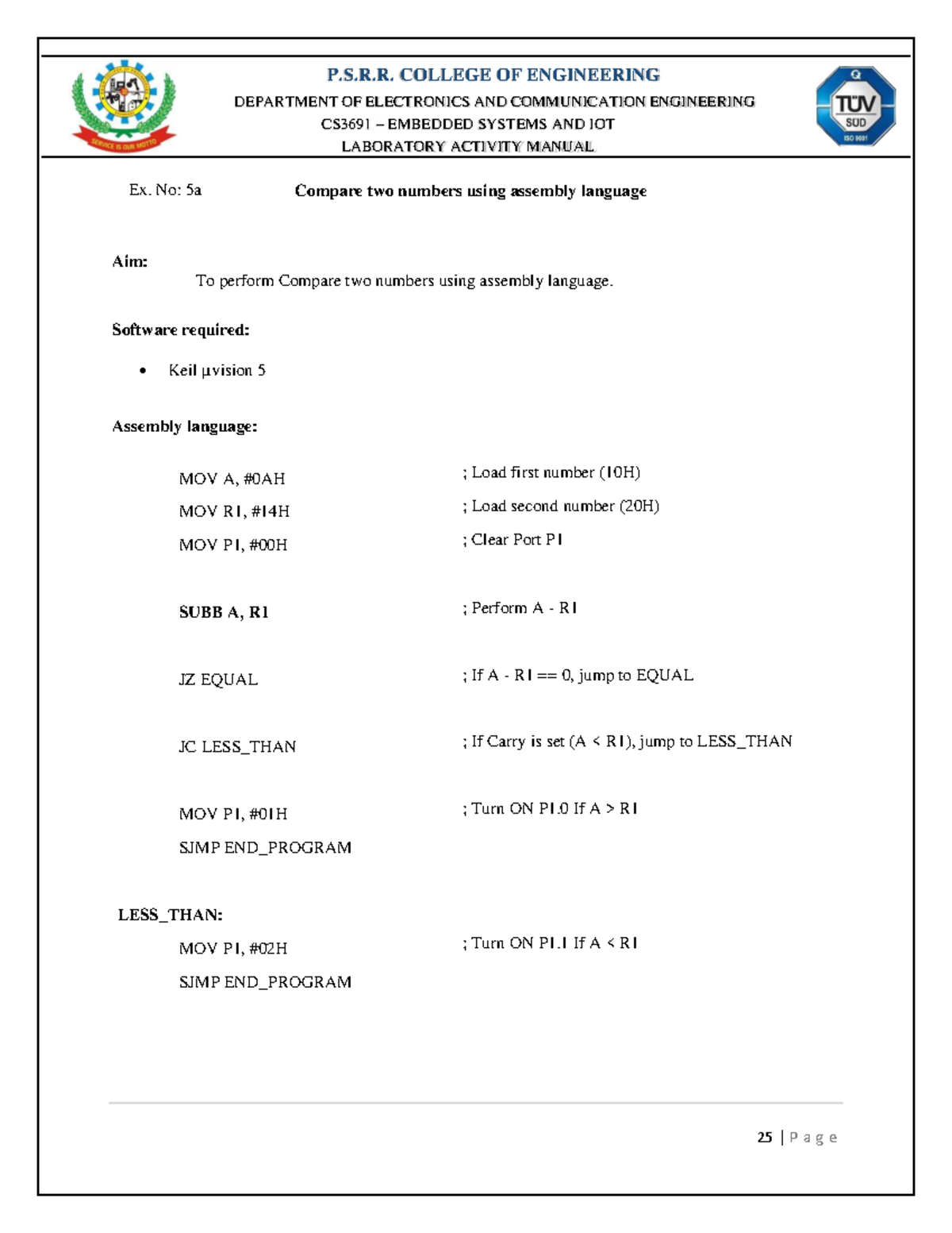 CS3691 Embedded Systems and IoT Lab Manual: Assembly & Arduino ...