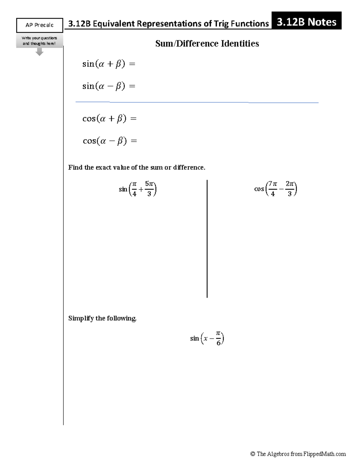 AP Precalc 3.12B Equivalent Representations of Trig Functions Notes ...