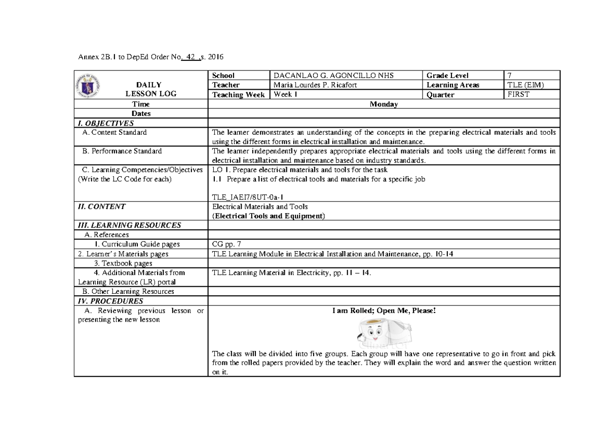 EIM 7 TLE Daily Lesson Log: Electrical Materials & Tools (Week 1) - Studocu