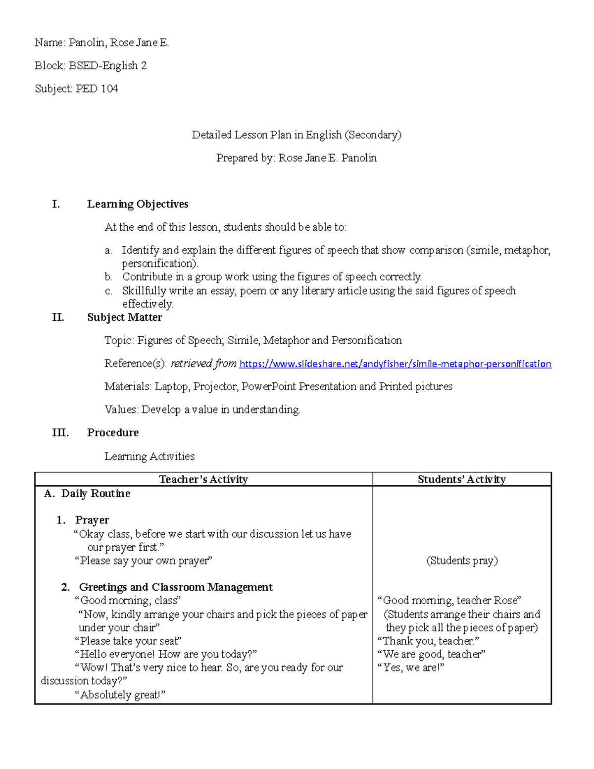 Detailed Lesson Plan on Simile & Metaphor - PED 104 - Studocu