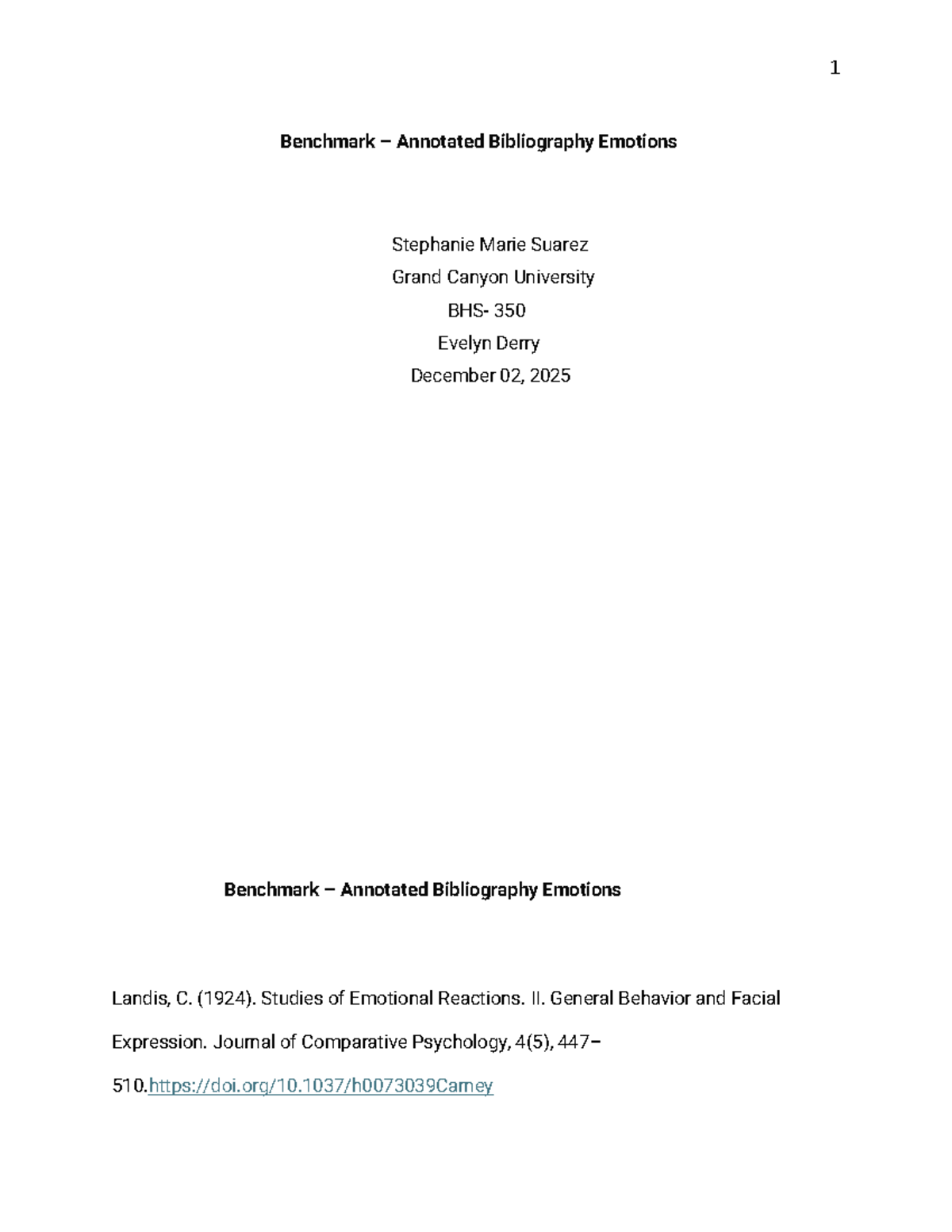 Benchmark Annotated Bibliography on Emotions - GCU 350 - Studocu