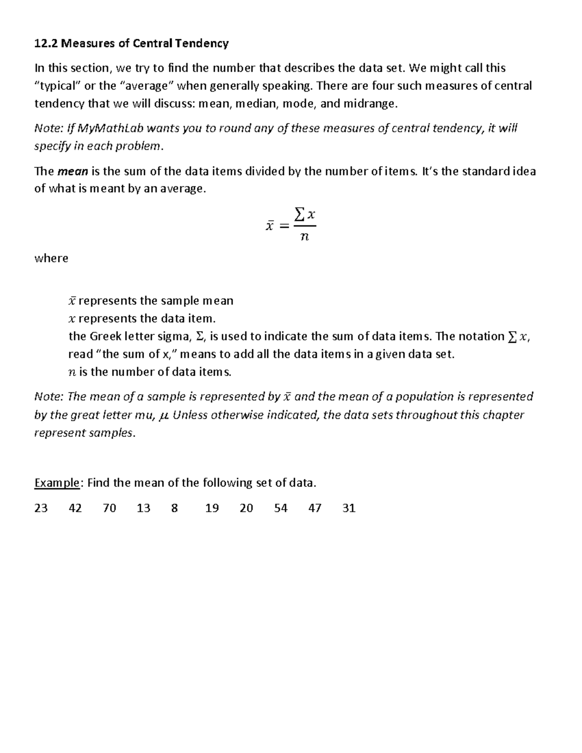 Math1029Notes 12.2 Fillable - 12 Measures of Central Tendency In this ...