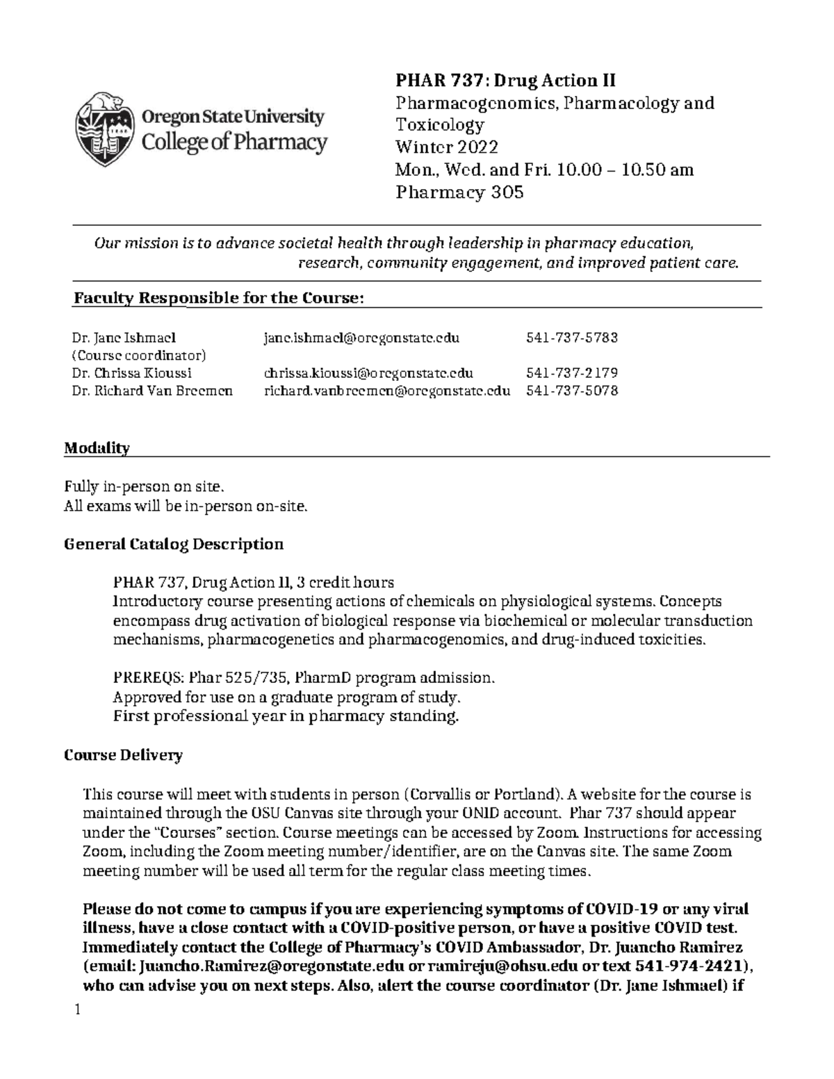 Phar 737 Winter 2022-2 - Notes - PHAR 737: Drug Action II ...