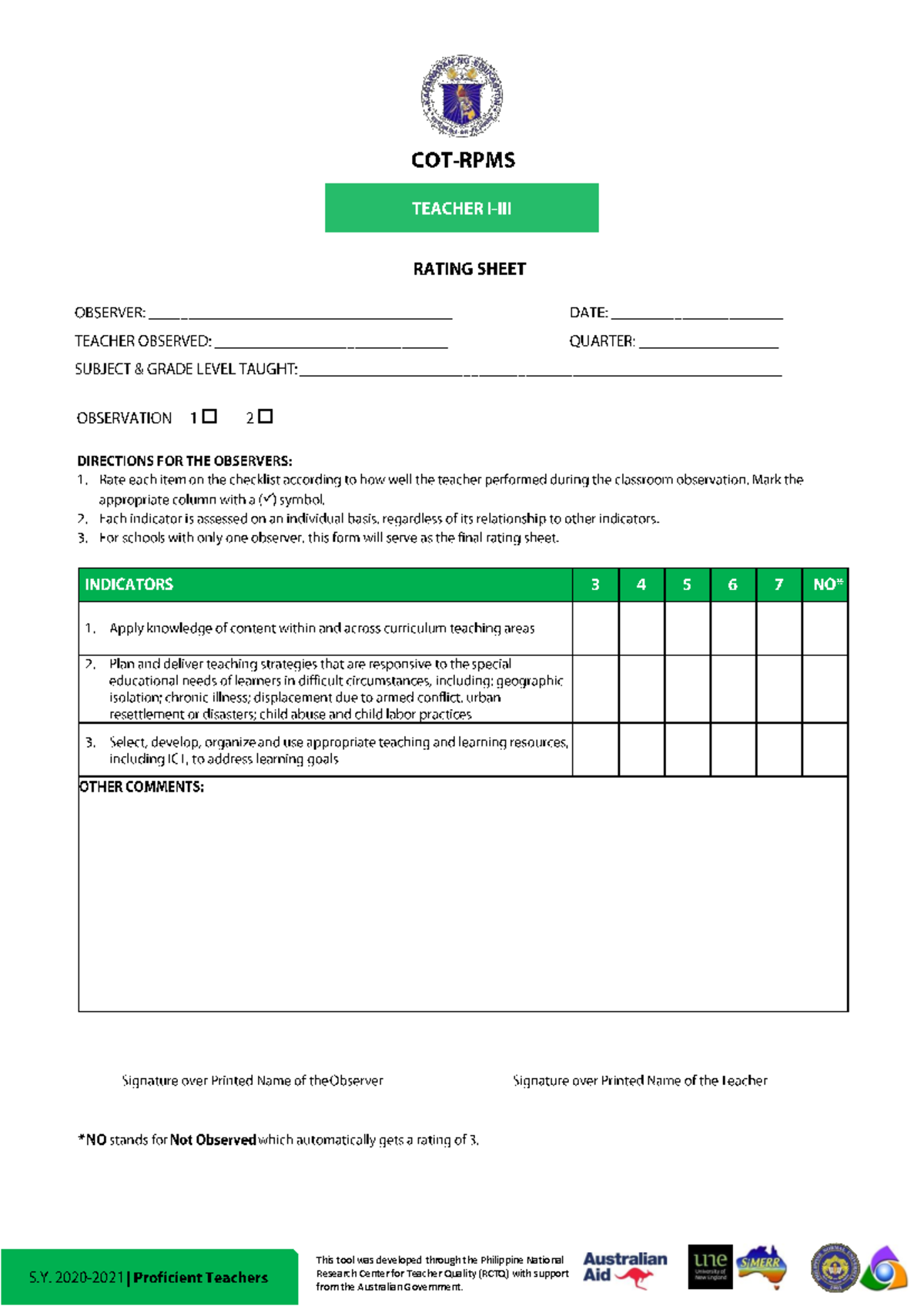 COT RPMS Rating Sheet for T I III - Elementary Education - This tool ...