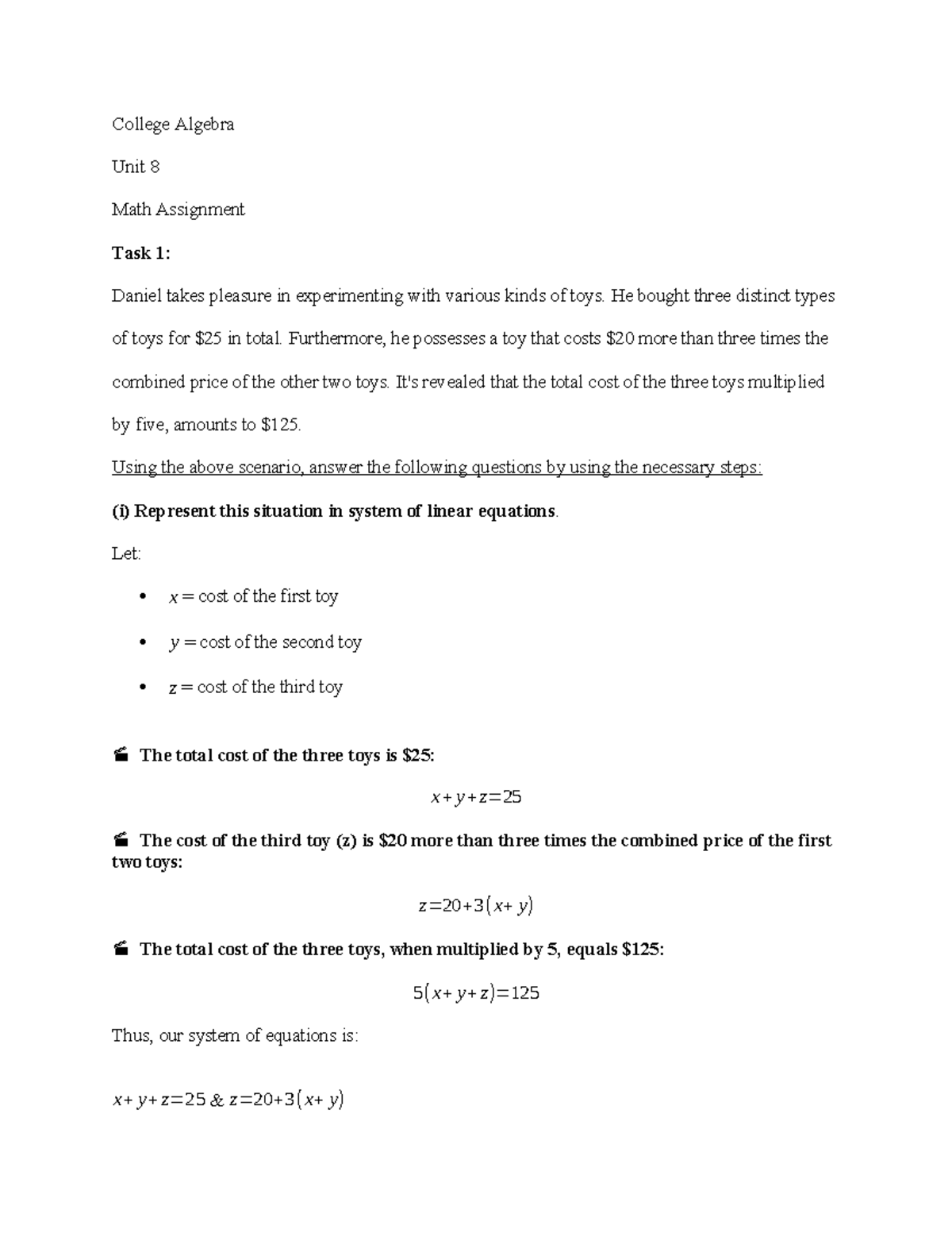 Unit 8 - College Algebra Assignment: Solving Linear Equations - Studocu