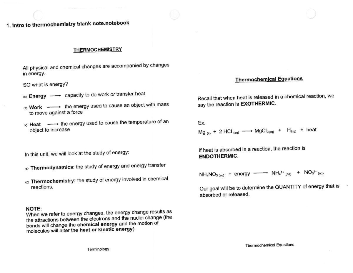 1a. Intro to Thermochemistry Student Notes - Detailed Review - Studocu
