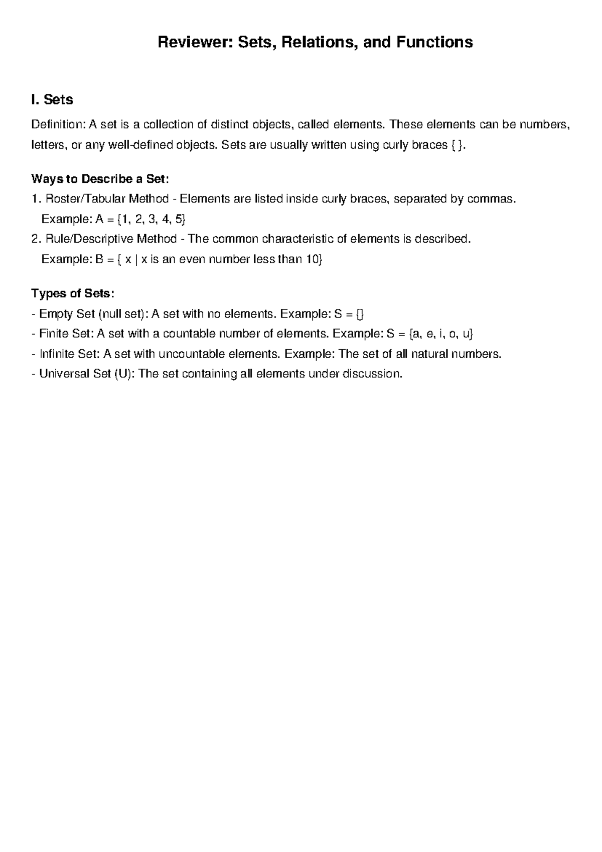 Sets Relations Functions Reviewer - Reviewer: Sets, Relations, and Functions I. Sets Definition ...
