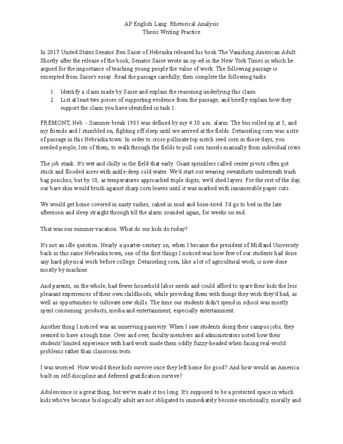 AP English Lang: Rhetorical Analysis Thesis Writing Practice on Sasse's ...